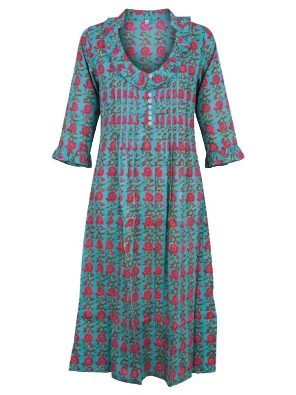 AT LAST... Blue / Pink Cotton Karen 3/4 Sleeve Day Dress In Summertime - Blue/pink