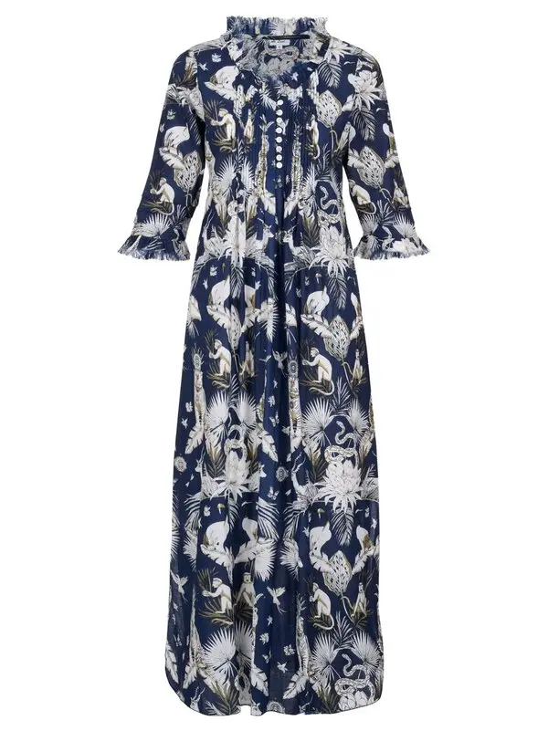 AT LAST... Cotton Annabel Maxi Dress In Navy Tropical - Blue