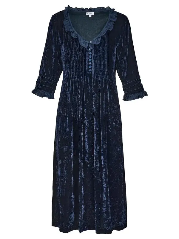 AT LAST... Silk Velvet Karen Dress In Navy - Blue