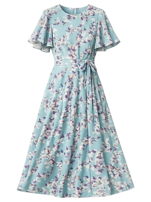YUMI Blossom Skater Midi Dress With Angel Sleeves - Blue