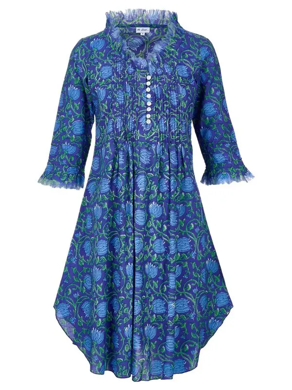 AT LAST... Annabel Cotton Tunic In Royal With & Green Flower - Blue