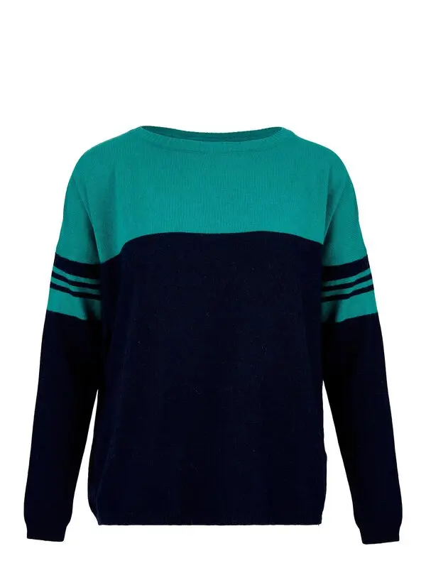 AT LAST... Cashmere Mix Sweater In Teal & Navy With Navy Arm Rings - Blue