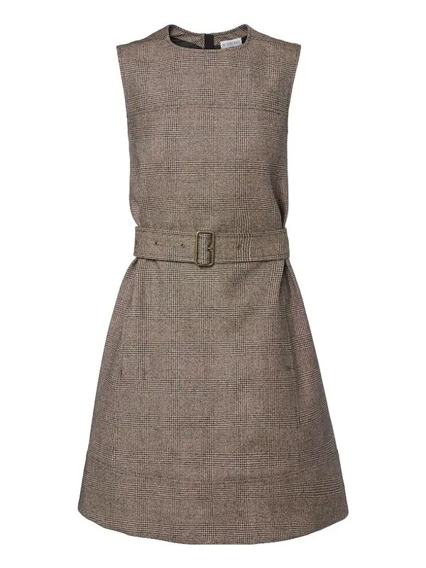 Burberry Belted Checked Wool And Linen-blend Minidress - Beige