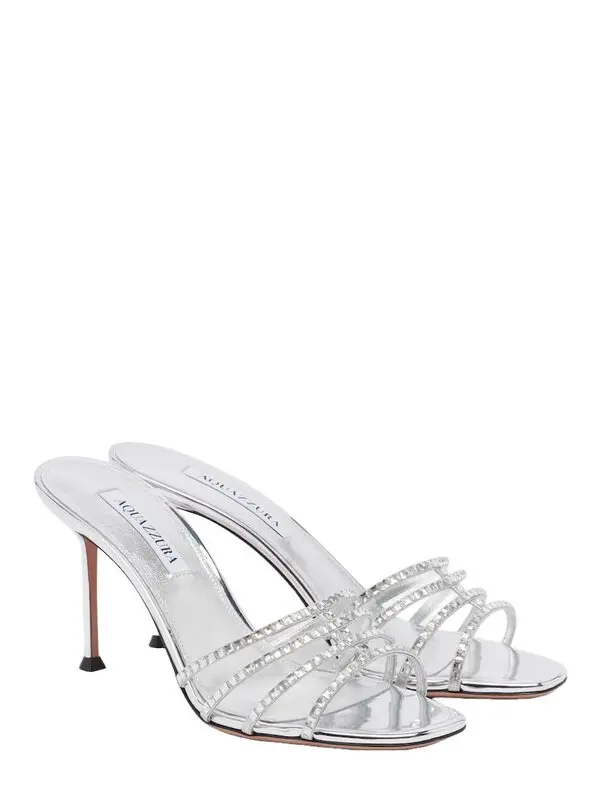 AQUAZZURA Sensation Crystal Metallic Leather Mules - Silver