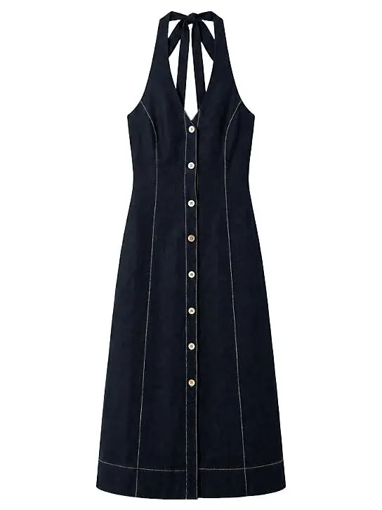 OMNES Octavia Halter Linen-blend Midi Dress - Navy