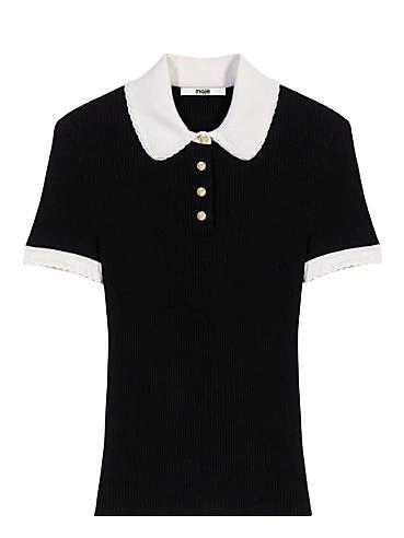 Maje Short-sleeved Ribbed Knitted Polo Shirt - Black