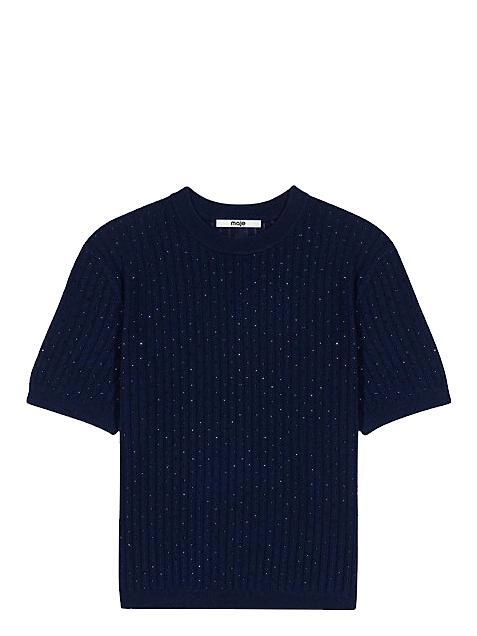 Maje Short-sleeved Rhinestone-embellished Wool-blend Jumper - Navy
