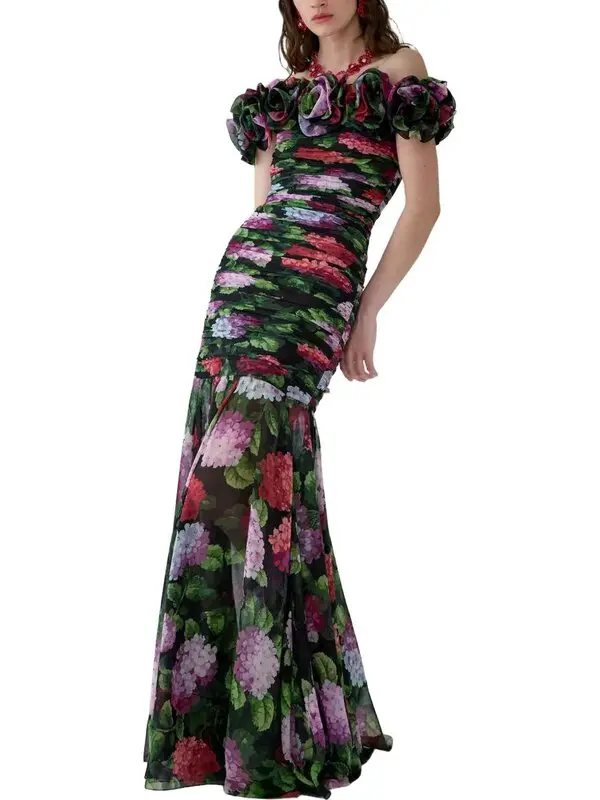 Carolina Herrera Chiffon Evening Gown With Off-the-shoulder Design And Hydrangea Print - Black