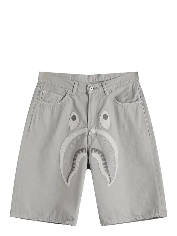 A BATHING APE Shark Garment Dye Relaxed Fit Denim Shorts - Grey