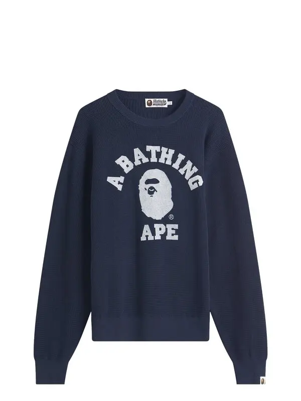 A BATHING APE College Waffle Crewneck Sweater - Navy