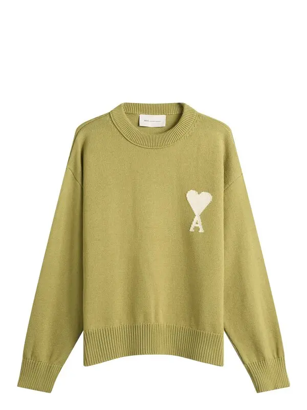 AMI Paris Crewneck Sweater With Contrasted De Coeur - Matcha/ecru