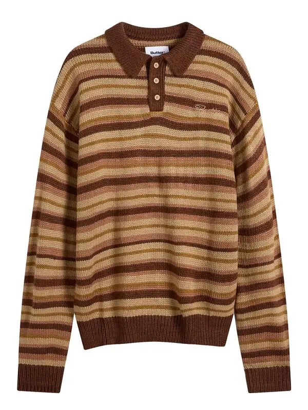 BUTTER GOODS Ombre Stripe Knit Polo Sweater - Chocolate