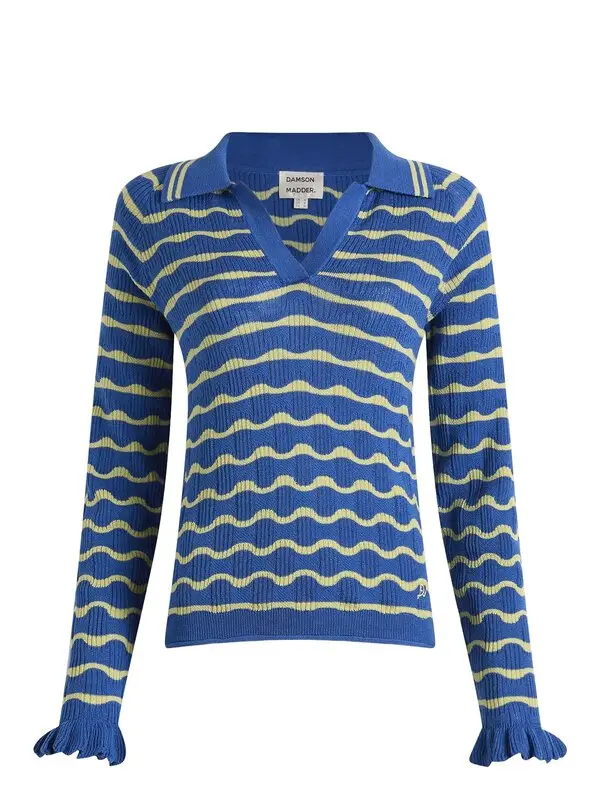 DAMSON MADDER Silvia Cotton Merino Blend Polo Jumper - Blue
