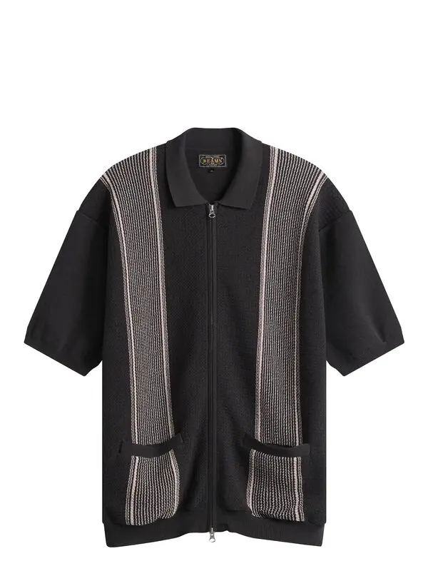 BEAMS Stripe Zip Knit Polo - Charcoal