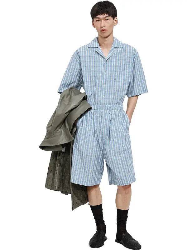 Bottega Veneta Cotton And Silk Check Shorts - Blue/white/stone