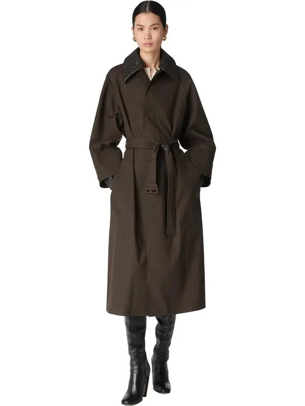 Bottega Veneta Cotton Trench Coat With Leather Collar - Deep Moss