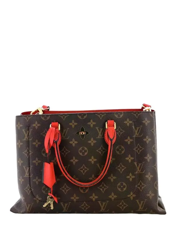 LOUIS VUITTON Flower Monogram Canvas With Leather Tote Bag - Red