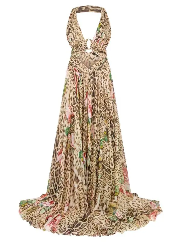 Roberto Cavalli Jaguar-print Cut-out Gown - Neutrals