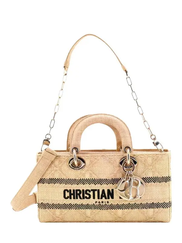 Dior Lady D-joy Bag Cannage Embroidered Raffia Medium Tote Bag - Neutrals