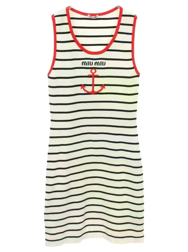 Miu Miu 2010s Anchor-intarsia Striped-pattern Mini Dress - White
