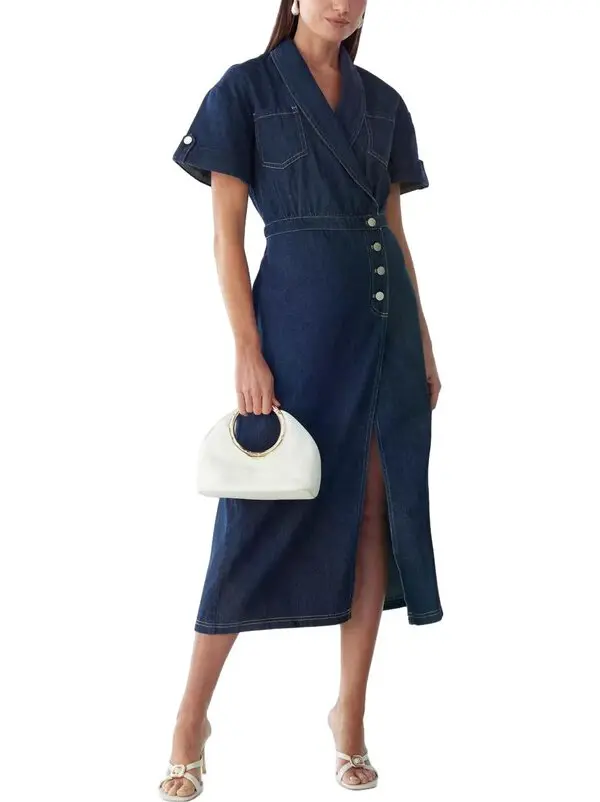 WILLA Wrap-front Denim Midi Dress - Blue