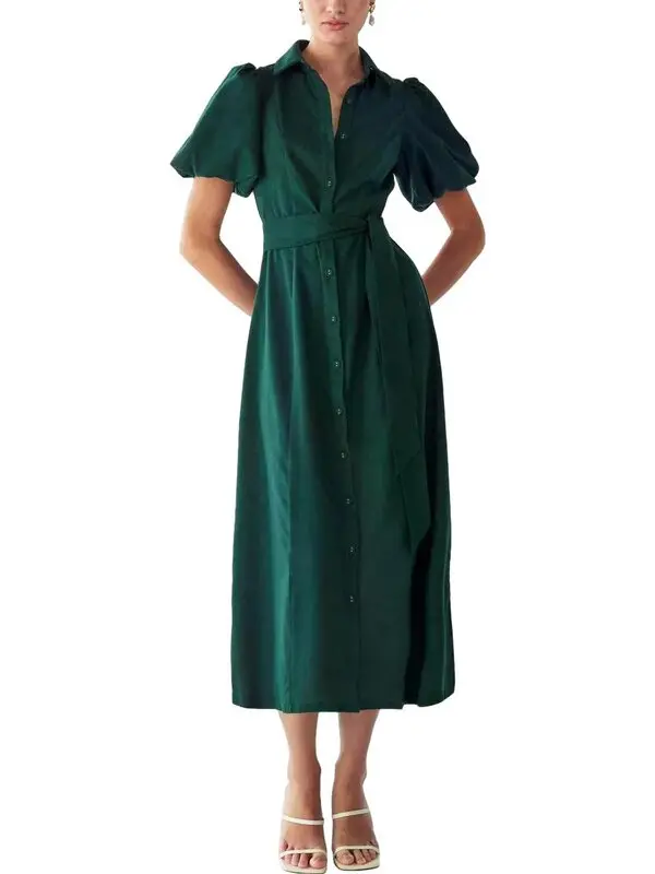 WILLA Belted Puff-sleeve Midi Dress - Green