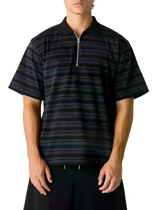Sacai Striped Zip-neck Polo Shirt - Black