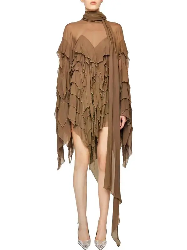 Blumarine Ruffled Long-sleeve Asymmetric Dress - Brown