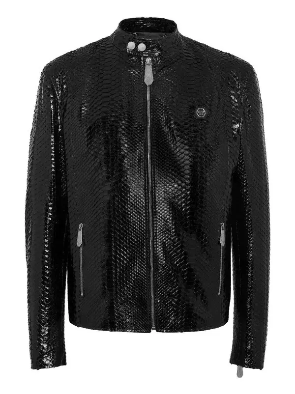 Philipp Plein Python Leather Moto Jacket - Black