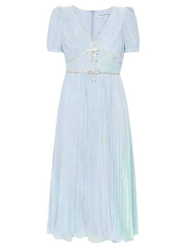 SELF-PORTRAIT Pleated Chiffon Midi Dress - Blue