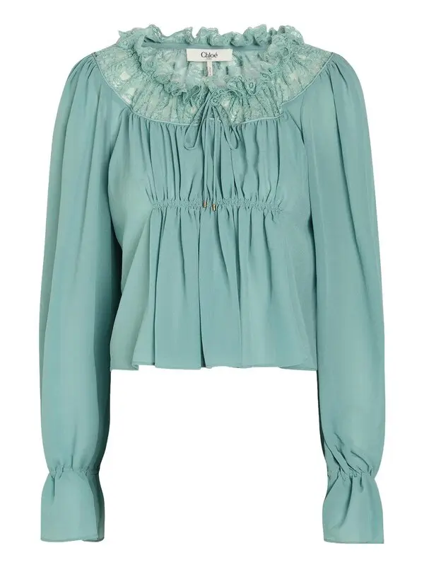Chloé Ruffled Lace-trim Silk Blouse - Blue