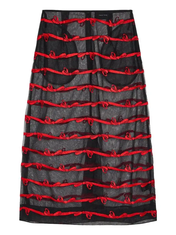 Simone Rocha Embroidered Sheer Tulle Midi Skirt - Black Red