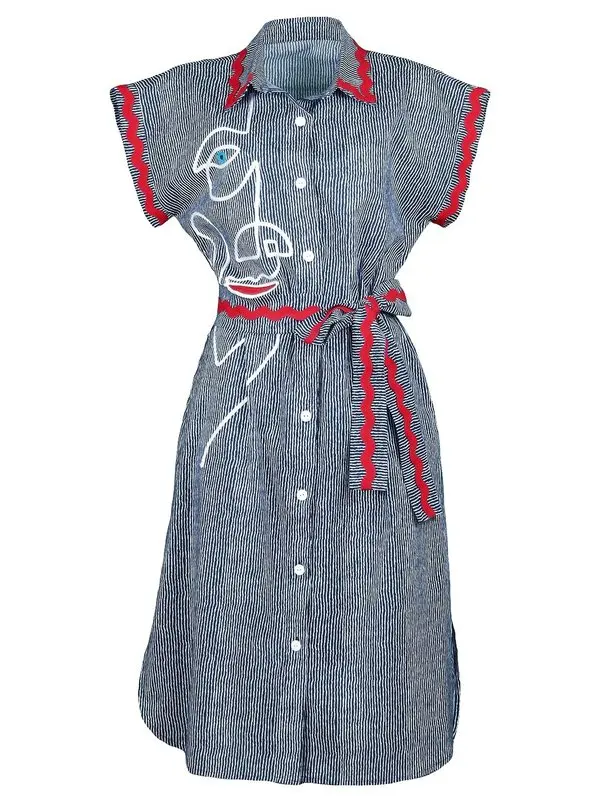 LALIPOP DESIGN Pinstripe Cotton Shirtdress With Face Embroidery - Blue