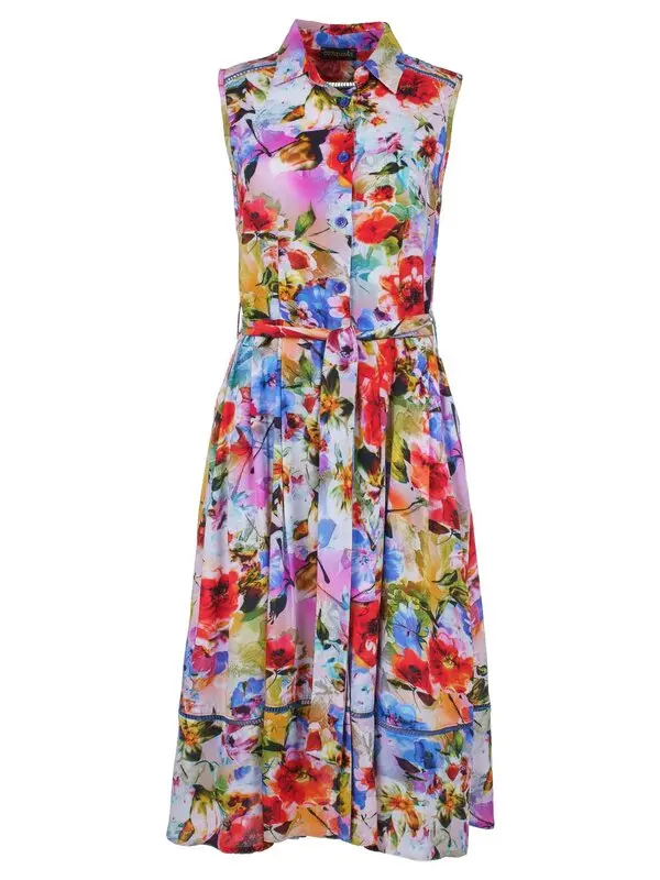 CONQUISTA Floral Sleeveless Dress With Belt - Blue