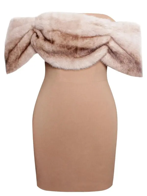 MISS CIRCLE NEW YORK Nadira Off Shoulder Fur Trim Mini Dress - Brown