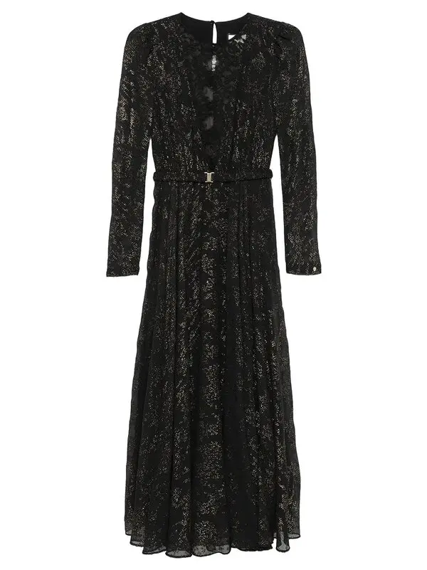 NISSA Lace Insert Chiffon Midi Dress - Black