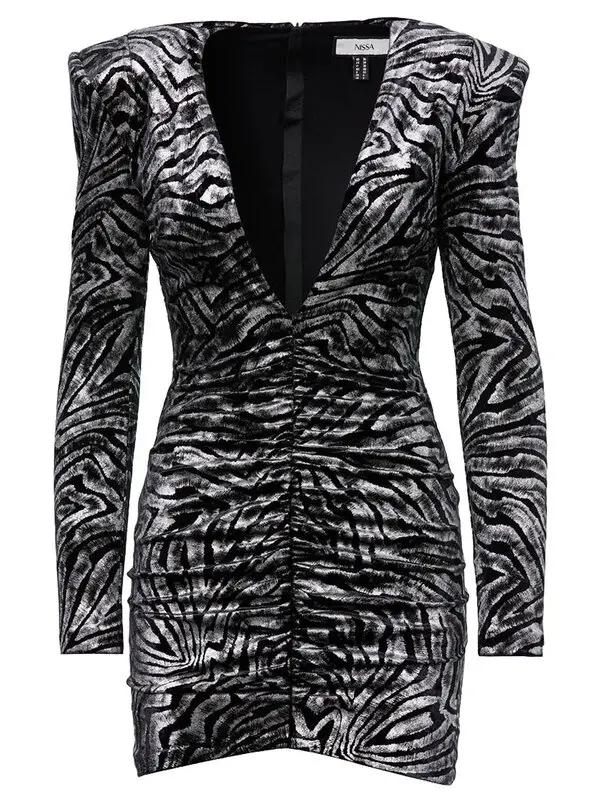 NISSA Printed Velvet Mini Dress - Silver