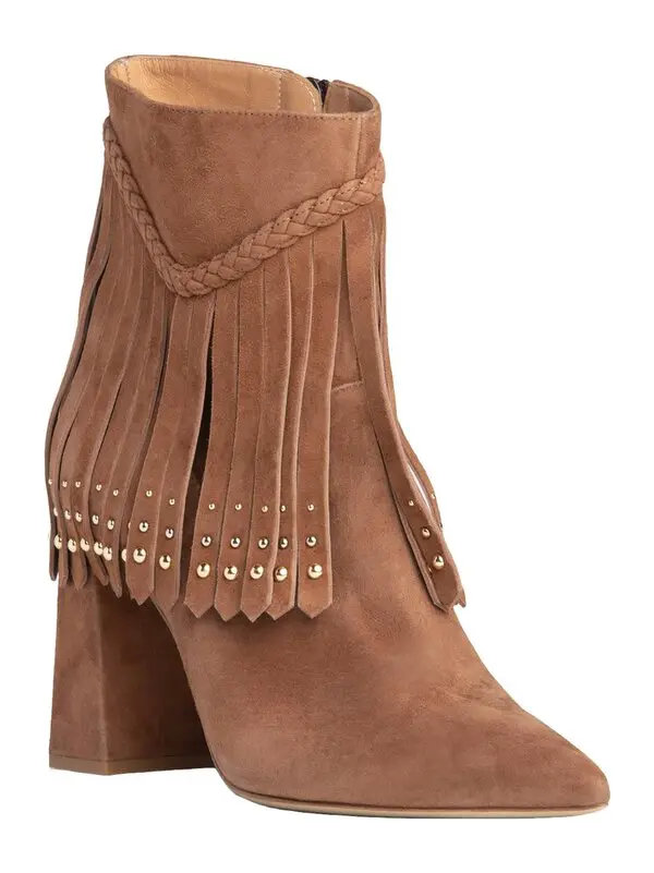 BEAUTIISOLES BY ROBYN SHREIBER Tal Cognac Bootie Suede Fringes With Zipper Elegant & Comfortable For Work & Evening - Brown