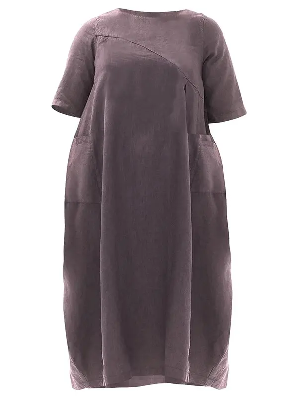 Haris Cotton Midi Curve Linen Dress With Tab Sleeve And Front Pockets Dove - Grey