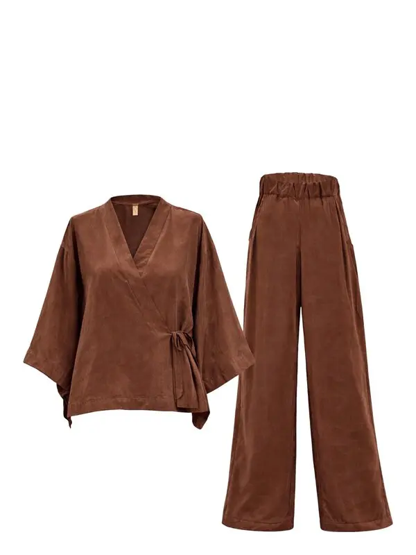 CEVA CU DICHIS Chocolate Cupro Set Kimono & Wide Leg Trousers - Brown