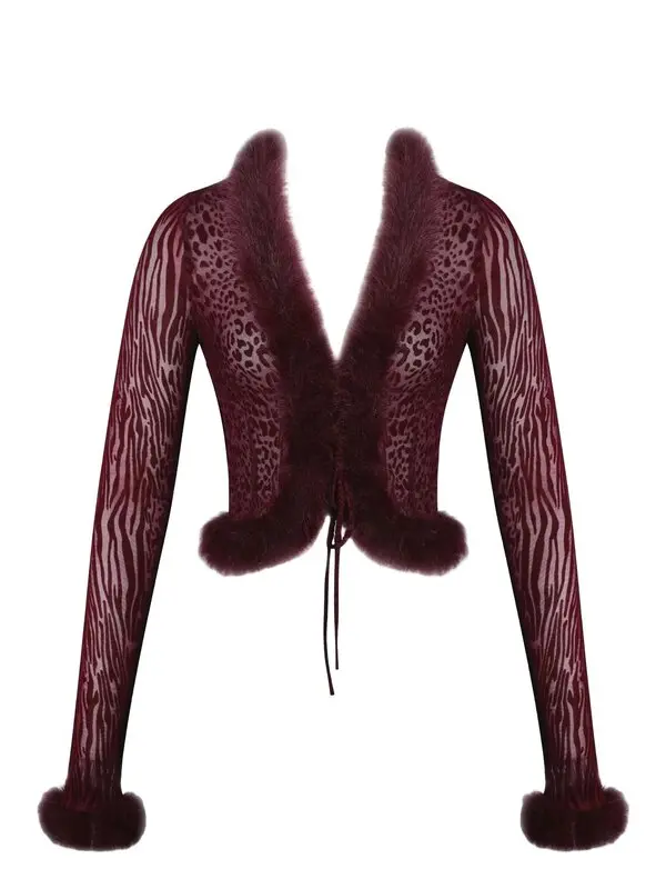MISS CIRCLE NEW YORK Hali Burgundy Animal Print Burnout Velvet Fur Trim Top - Red