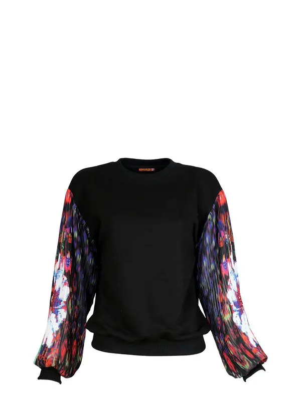 LALIPOP DESIGN Sweatshirt With Printed Chiffon Pleated Sleeves - Black
