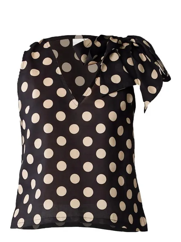 REISTOR Regular V-neck Polka Dot Top With Bow Detail - Black