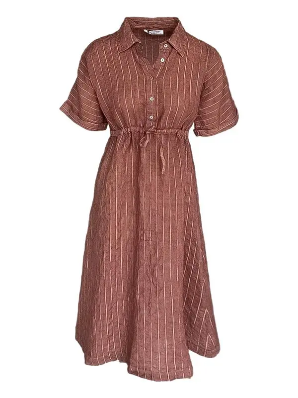 Haris Cotton Striped Linen Button Front Dress With Drawstring Waist Blush Gold - Brown