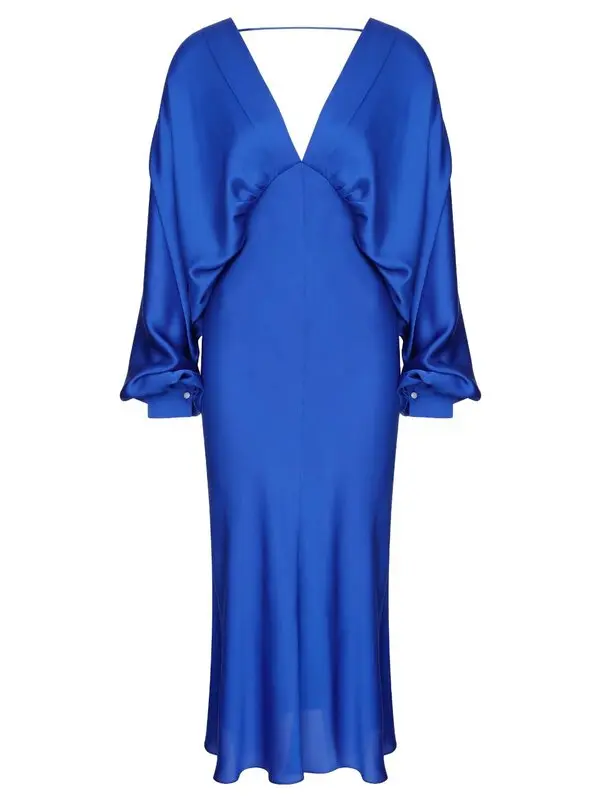 NAZLI CEREN Mila V Neck Satin Dress In Sax - Blue