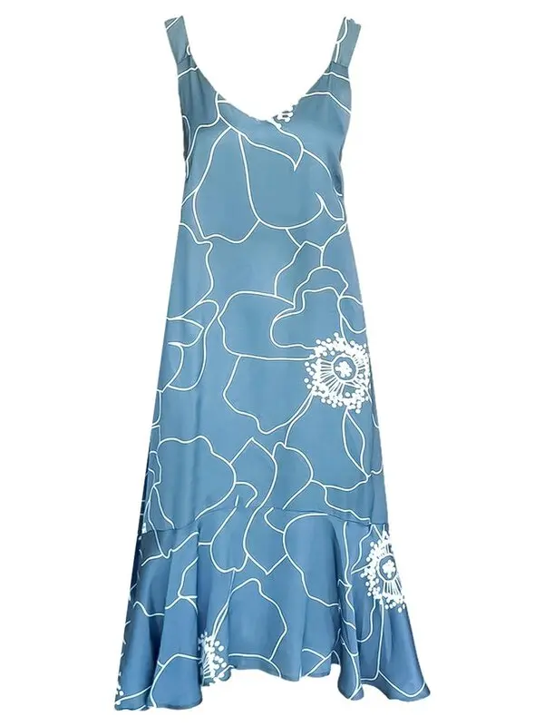 Haris Cotton Printed Satin Maxi Dress With Straps And Ruffled Hem Peonies - Blue