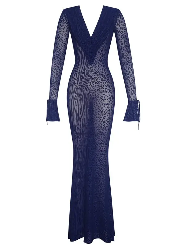 MISS CIRCLE NEW YORK Ilyse Navy V-neck Plunge Animal Print Mermaid Hem Maxi Dress - Blue