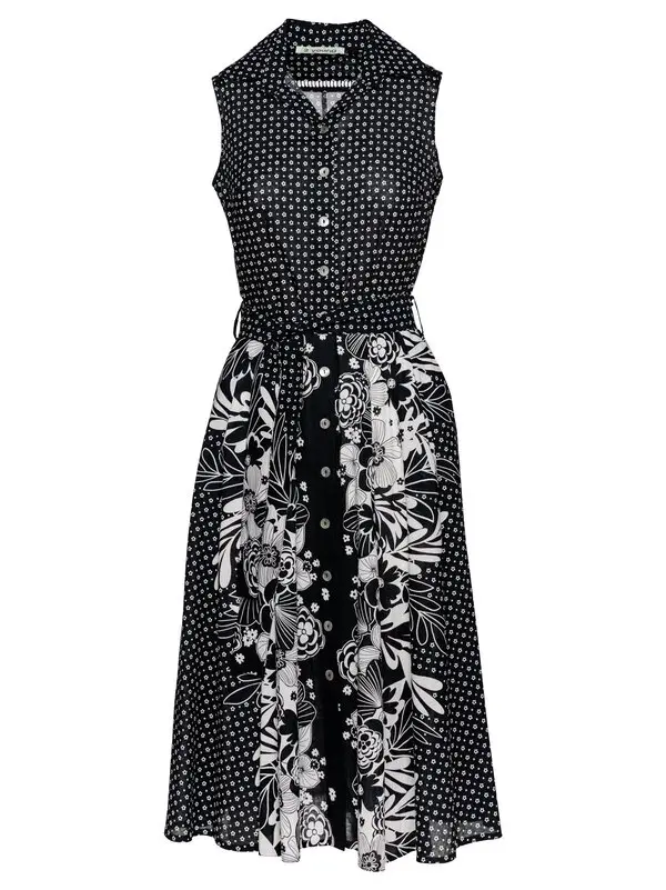 CONQUISTA Button Detail Print Dress - Black