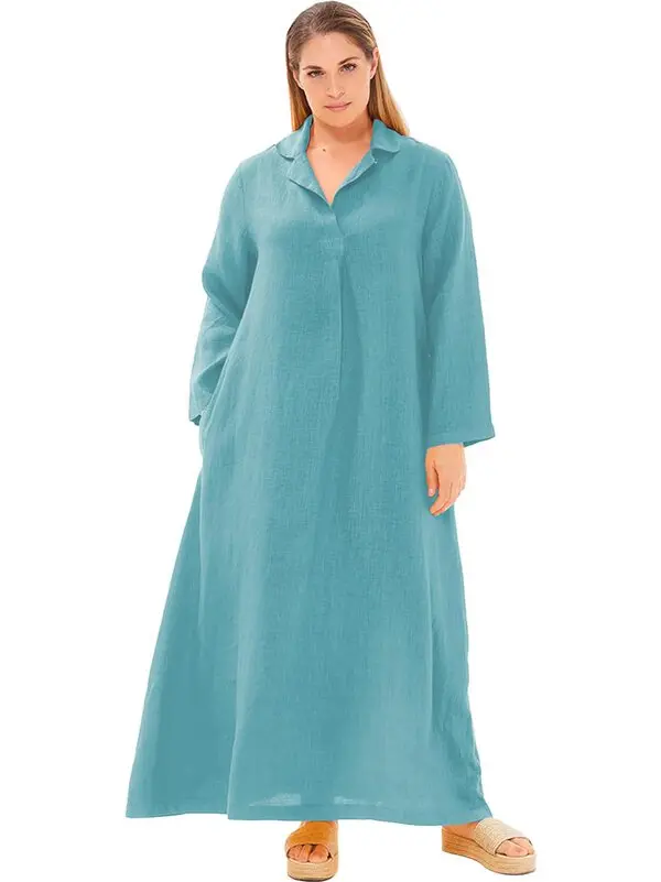 Haris Cotton Maxi Curve Linen Dress With Front Pleat And Lapels Crystal - Blue