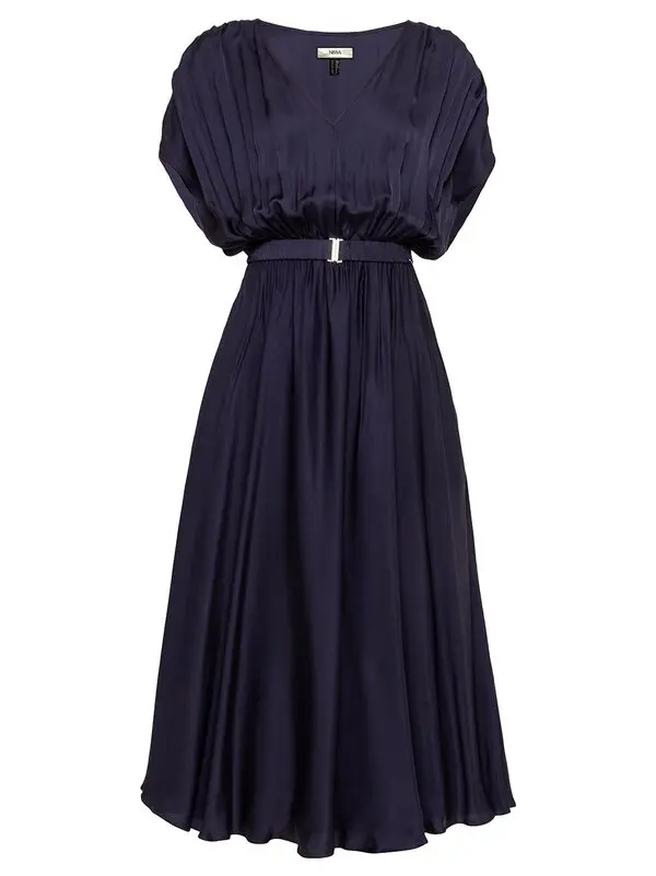NISSA Belted Viscose Midi Dress Navy - Blue